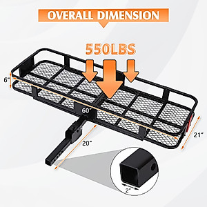 HUUHRIN 60"x21"x6" Cargo Hitch Carrier - 550lbs Capacity Trailer Hitch Cargo Carrier with Waterproof Bag Cover, Net and 2 Reinforced Straps - Folding Car Cargo Carrier Hitch Mount(Black)