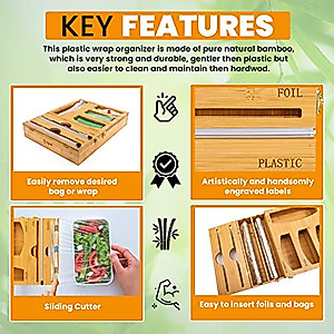 T3-R Foil and Plastic Wrap Organizer - 6-in-1 Bamboo Organizer Plastic Wrap Dispenser with Cutter for Kitchen Drawer - Best Use for Sandwich Bag, Aluminum Foil, Wax Paper and Plastic Wrap