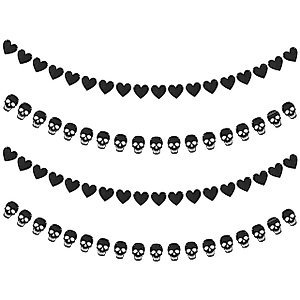 K1tpde 4PCS Gothic Black Heart Skull Garland Banner Kits Black Felt Heart Garland Banner for Valentines Black Felt Skull Garland Banner for Gothic Birthday Party Decorations Halloween Home Decor