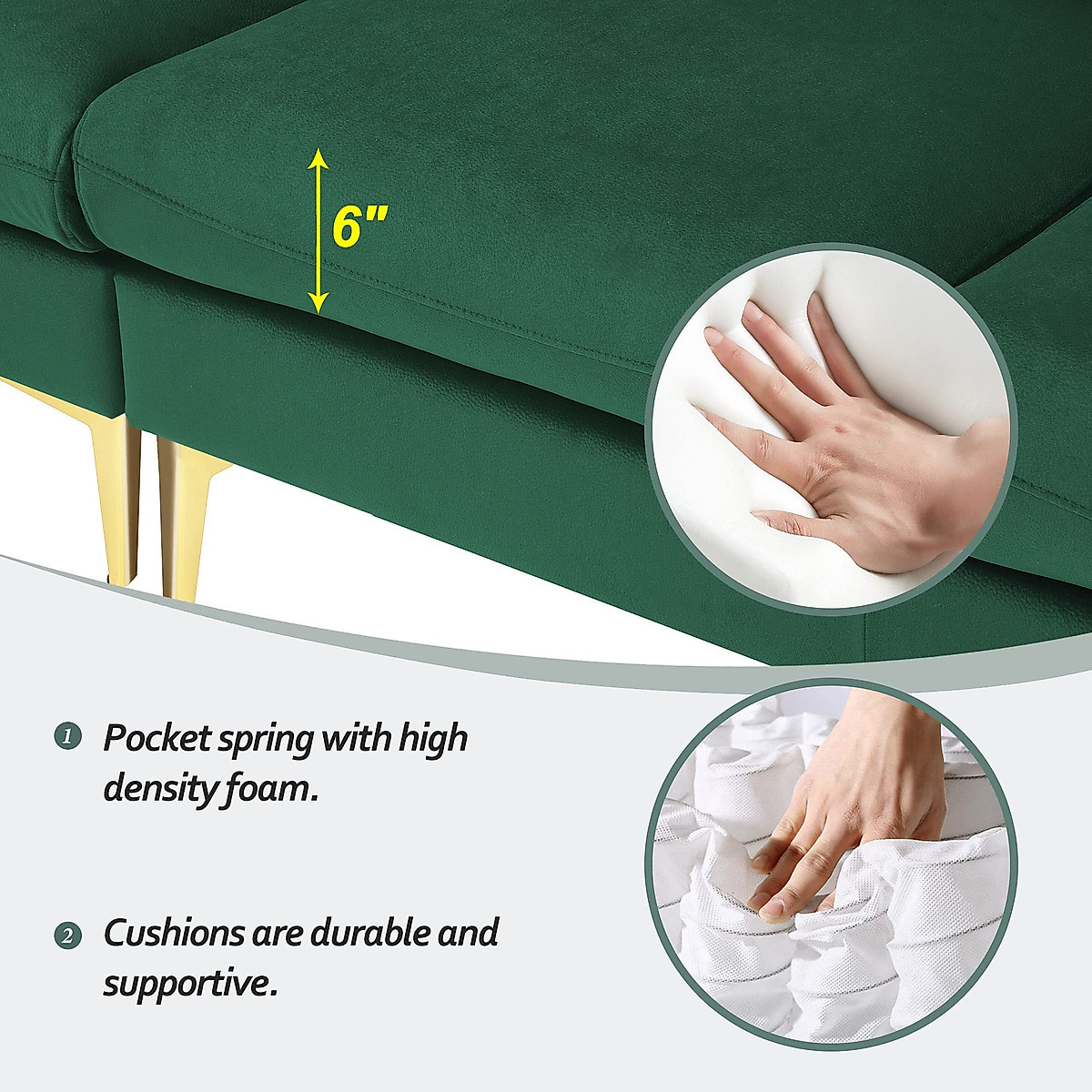 Prohon 111" L Shaped Convertible Sofa Left/Right Hande Chaise, Flannel Sectional Couch w/Gold Legs for Bedroom, Living Room, Green