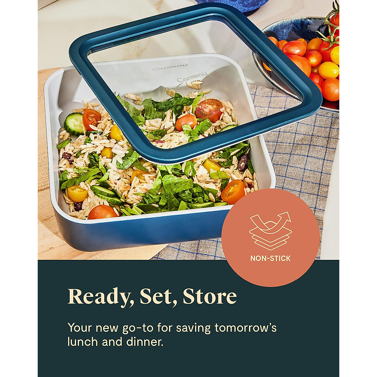 Caraway 2pc Glass Food Storage Set - 10 Cup Food Containers (2) - Ceramic Coated - Non Toxic, Non Stick Lunch Box with Lids. Dishwasher, Oven, & Microwave Safe - Gray