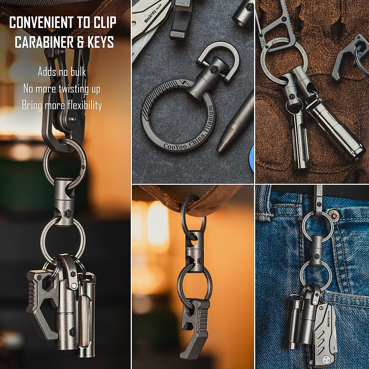 KeyUnity KA15 Double-end Swivel Keychain Key Ring Connector, Titanium Rotatable Key Organizer Linker for Carabiner, Wind Chime, Plant, DIY Accessory (Sandblasted)