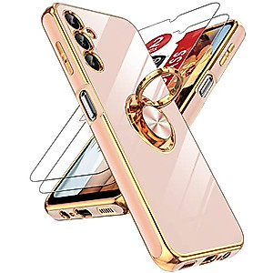 LeYi for Samsung Galaxy A14 5G Case with Tempered Glass Screen Protector [2 Pack] 360° Rotatable Ring Holder Magnetic Kickstand, Plating Rose Gold Edge Protective Case, Pink