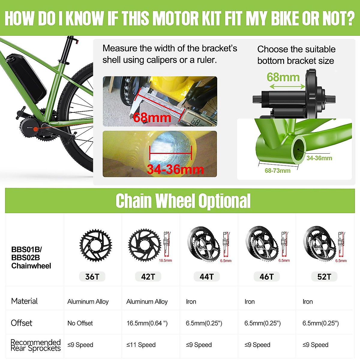 BAFANG BBS02B 36V/48V 500W Mid Drive Kit with Battery(Optional) 48V Ebike Motor with DIY LCD Display/Controller Electric Bikes Conversion kit for Mountain Bike(C18 Display,48V17.5AH Battery)