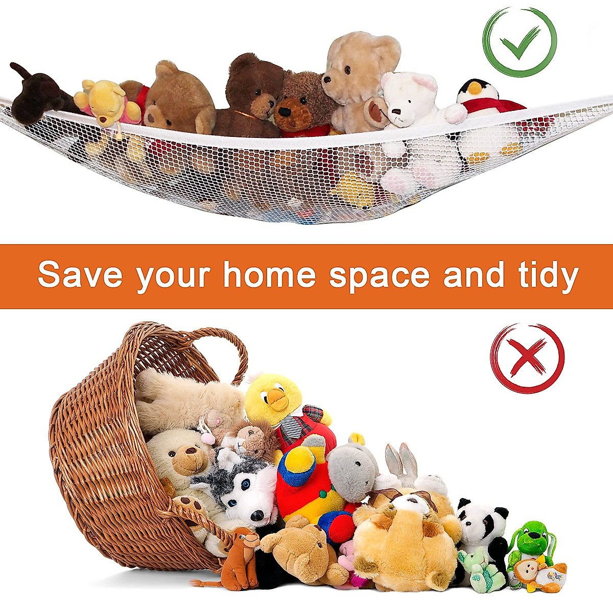 Storage Hammock Nets Toy Net Holder Stuffed Animal Hammocks Toy Mesh Hammock Jumbo Wall Sling Corner Mesh Toy Organizer with Hooks for Bedroom Plush Toys (White)