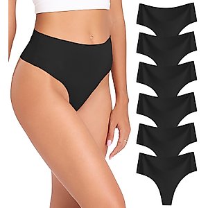 Wealurre Womens Underwear High Waisted Seamless Thongs for Women Breathable No Show Panties for Ladies 6 Pack (Black,M)