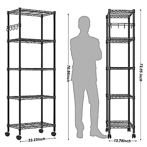 Homdox 5 Tier Wire Shelving Unit on Wheels, Adjustable Storage Racks and Shelving, Heavy Duty Rolling Metal Shelves with Side Hooks for Laundry Bathroom Kitchen Garage Pantry Organization, Black