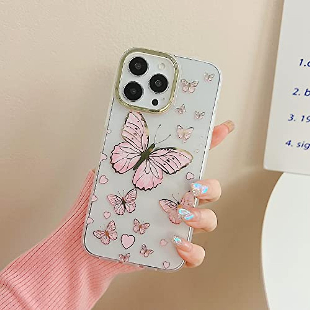 ooooops Compatible with iPhone 14 Pro Max Case for Women Girls, Glitter Golden Butterflies, Cute Love Heart Shaped Pattern, Hard Panel Clear Protective Phone Cover for iPhone 14ProMax(Pink Butterfly)