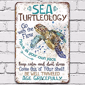 Sea Turtle Decor - Sea Turtleology - Durable Sea Turtle Gifts Metal Sign - Metal Sea Turtle Wall Decor - Sea Turtles Ocean Bathroom Decor - Great SeaTurtle Decorations for Home - Turtle Sign 8" x 12"