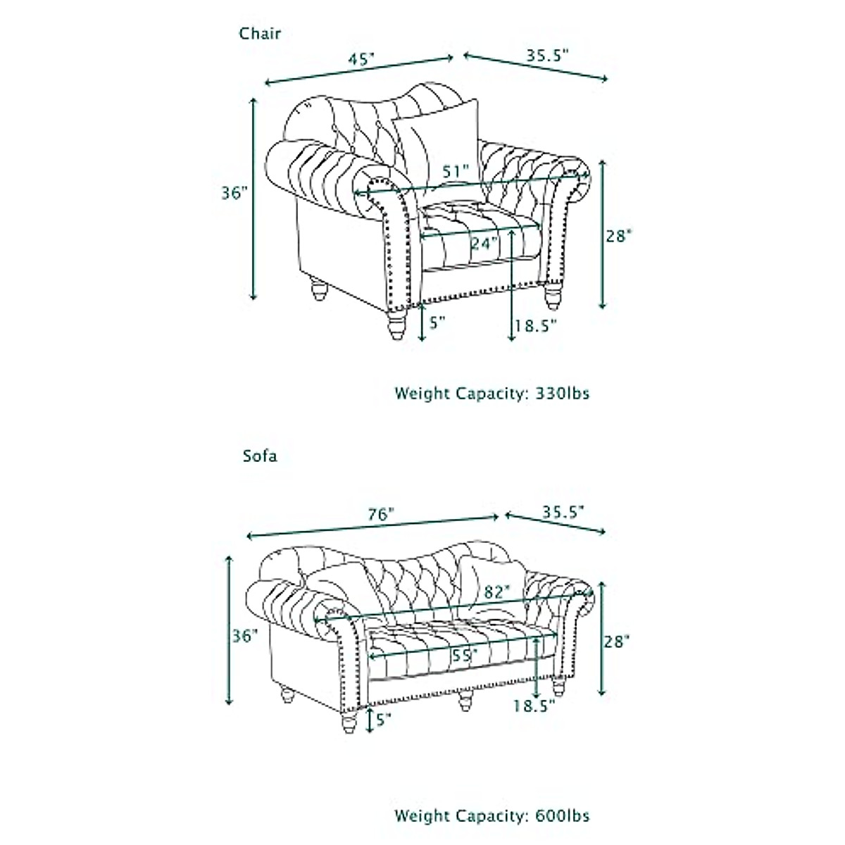Morden Fort Chesterfield Sofa, Chair and Sofa for Living Room Furniture Sets, 2 Pieces Classic Velvet Tufted Couches, Grey