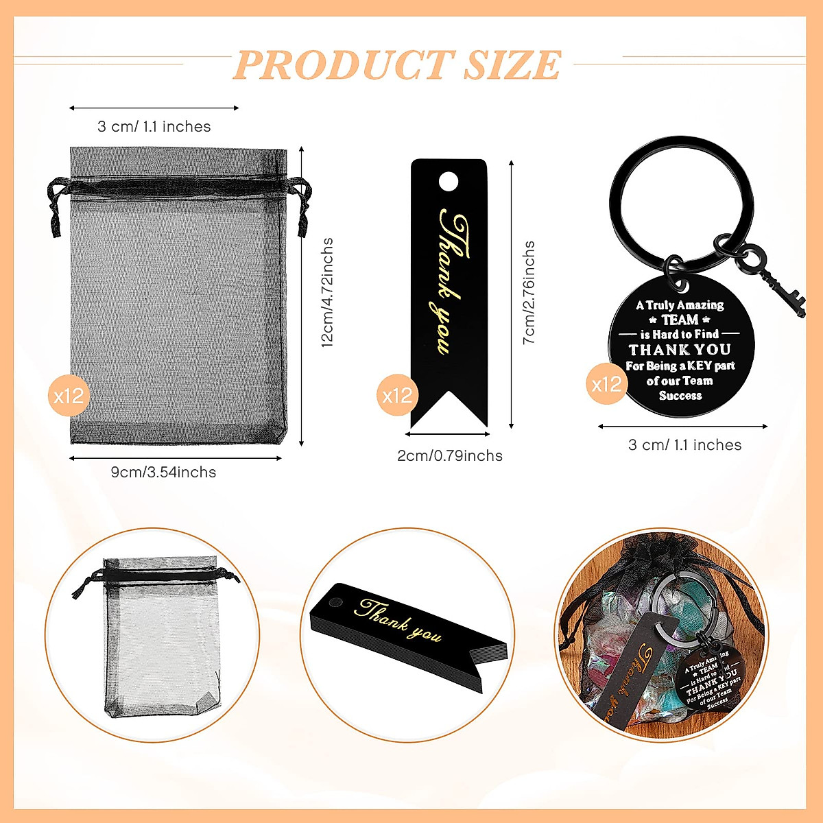 Yinkin 36 Pcs Employee Appreciation Gifts Thank You Coworker Keychain Gifts with Organza Bags and Thank You Cards(Black)