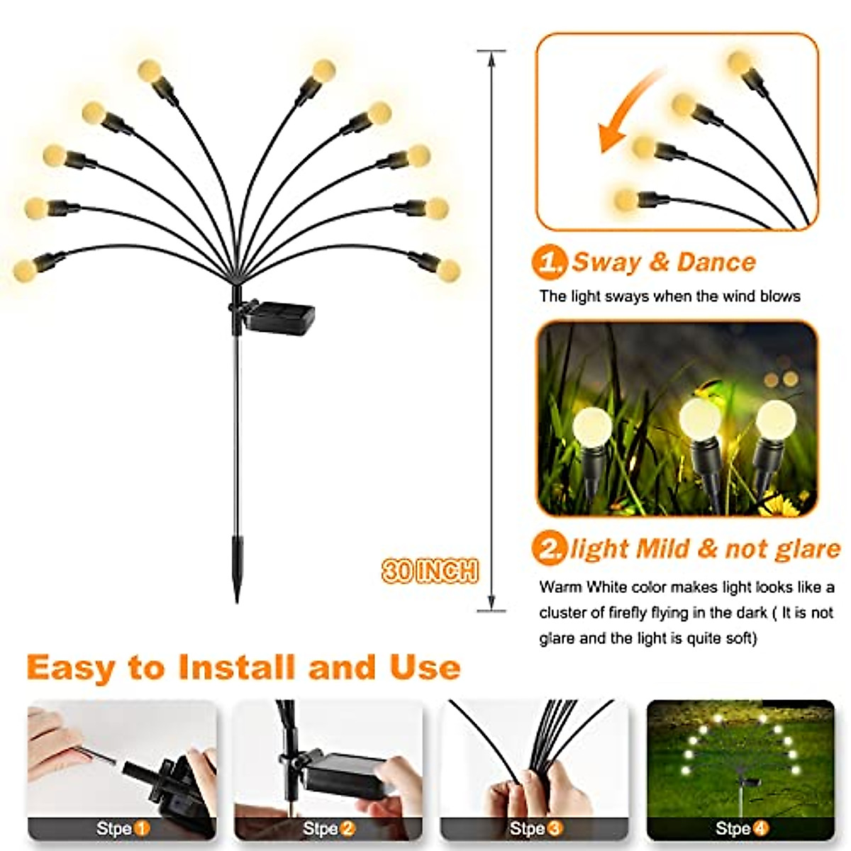 Fymblin 10LED Solar Garden Lights, Solar Firefly Lights Outdoor Waterproof, Swaying Solar Outdoor Lights, Solar Garden Decorative Lights for Pathway Yard Patio Decoration Landscape-2Pack