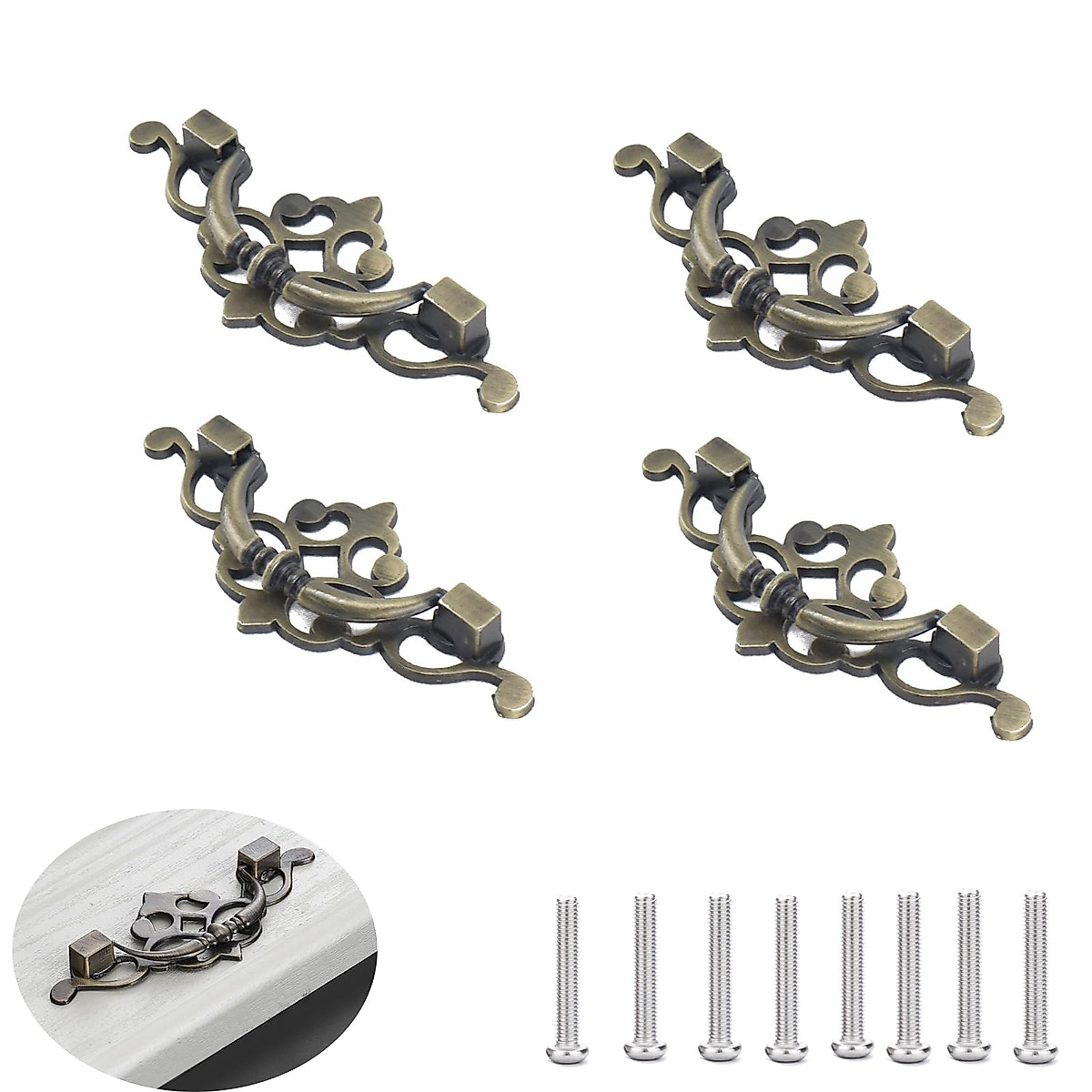 Xisakaca 4 Pack Cabinet Bail Pulls Handles, Drop Ring Pulls Antique Propitious Cloud 3.81" Overall Length for Dresser Drawer Closet Cupboard Box Case with Screws (Bronze, Holes Centre 64mm/2.5in)