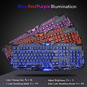 BlueFinger Backlit Gaming Keyboard and Mouse and LED Headset Combo,USB Wired 3 Color Crack Backlit Keyboard,Blue LED Light Gaming Headset,Gaming Keyboard Mouse Headphone Set for Work and Game