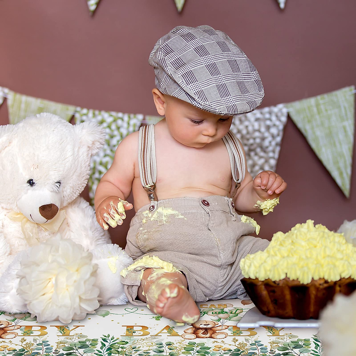 3 Packs We Can Bearly Wait Baby Shower Tablecloth Decorations Teddy Bear Table Cover Balloon Bear Plastic Tablecloth for Bear Theme Birthday Baby Shower Party Decor, 54 x 108 Inch (Green Leaf Style)