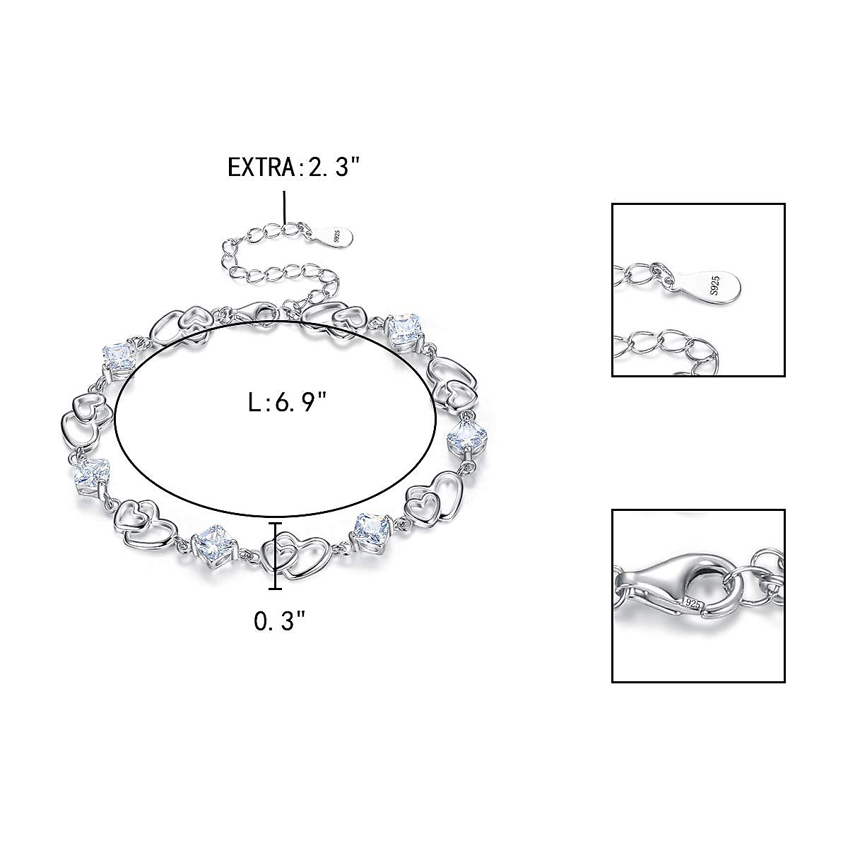 EleQueen 925 Sterling Silver CZ Double Love Open Heart Tennis Bracelet, 6.9"+1.2" Extender (Silver)