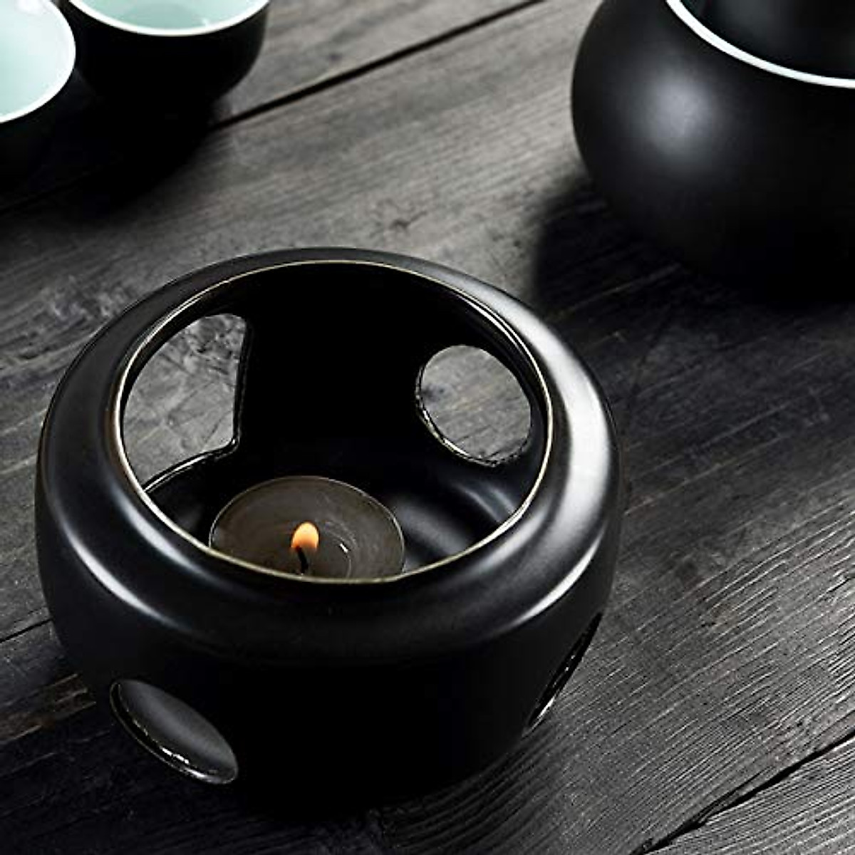 Dltsli Ceramic Sake Set with Warmer Pot Bamboo Tray, Stovetop Porcelain Pottery Hot Saki Drink Bottle, 10pcs Set 1 Stove 1 Warming Bowl 1 Sake Bottle 1 Tray 6 Cup Keep Sake Storage Gift Box (Black)