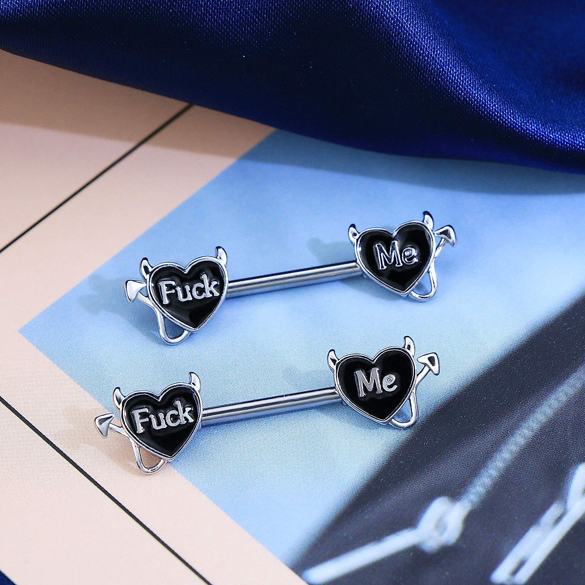 OUFER Devil Nipple Rings 4PCS 316L Letter Stainless Steel Nipplerings Barbells Nipple Piercing Jewelry for Women