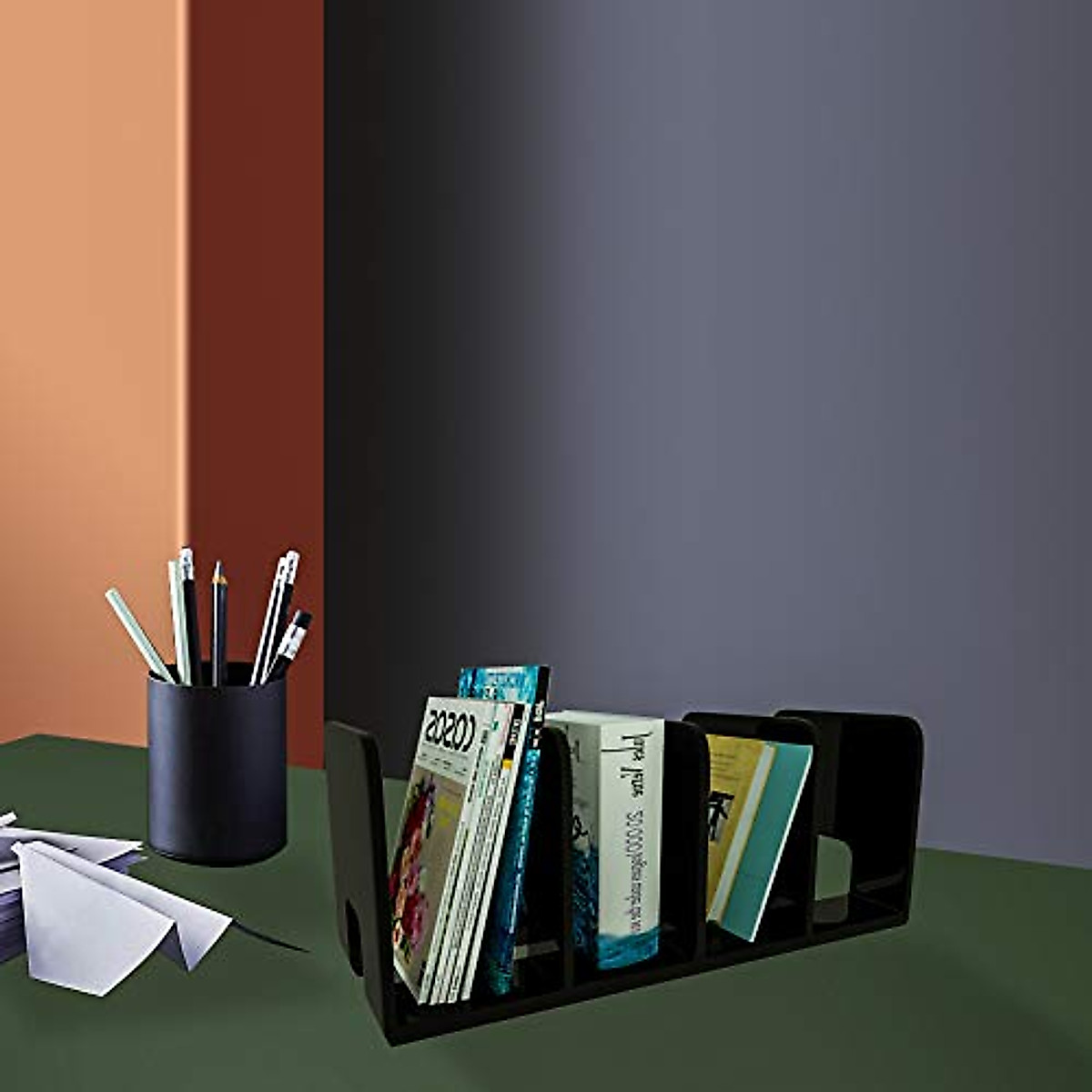 Desktop Book Organizer for Desk - wishacc Book Organizer Office Letter Sorter File Organizer Tabletop Acrylic Book Storage Rack with 4 Vertical Upright Compartments