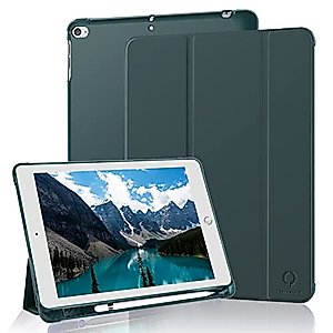 FixCracked 9.7 inch case for ipad 5th/ipad 6th（2017 and 2018 Model）, with Pencil Holder, Ultra-Thin Built-in Silicone TPU Soft Shell Protective Cover, with Smart Wake/Sleep Function (Dark Green)…