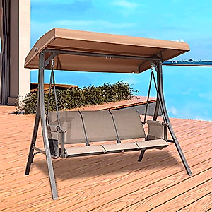 GOLDSUN 3 Person Patio Swing Chair with Storage Pocket Bag Weather Resistant Canopy Heavy Duty Steel Frame Hanging Glider Seating for Outdoor,Balcony,Garden, Porch,Deck and Poolside(Brown)