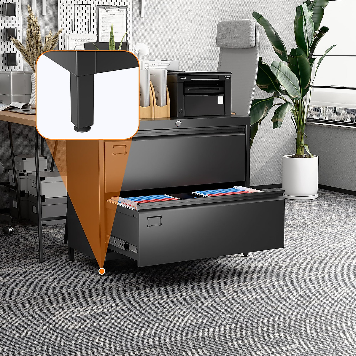 GangMei Metal Lateral File Cabinet with 2 Drawers, Wide Lateral Filing Cabinet with Lock for Hanging Files Letter/Legal/F4/A4 Size for Home Office School, Black, Assembly Required