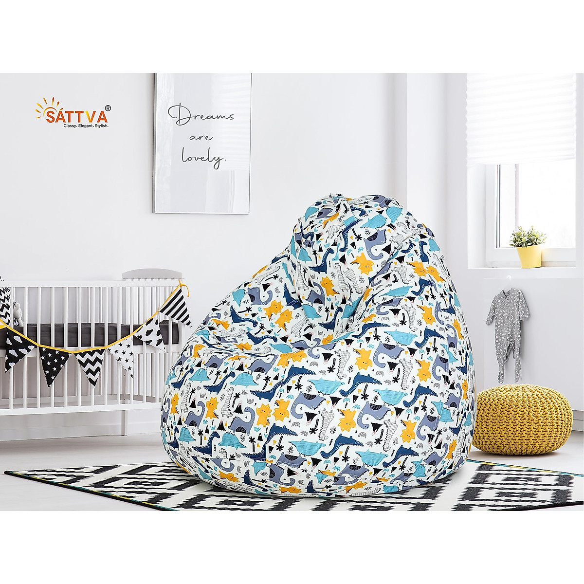 SATTVA Stuffed Animal Storage Bean Bag Chair for Kids, Zipper Storage Bean Bag for Organizing Stuffed Animals, Dinosaur Bean Bag Chair Cover, (No Beans)_White Dino Print