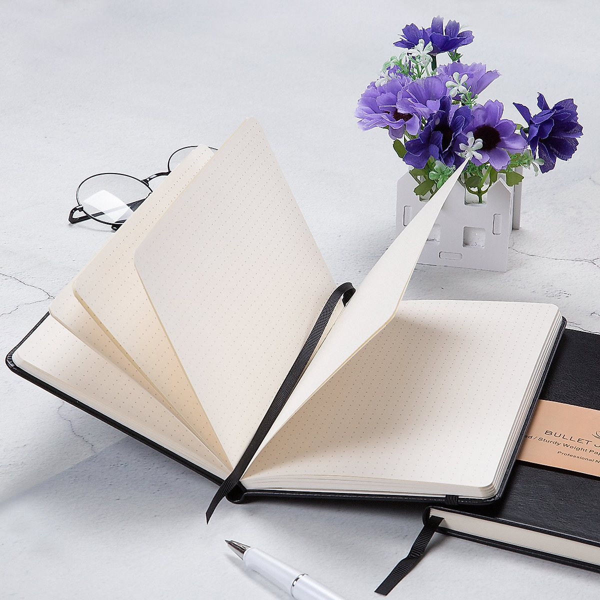 Dotted Grid Notebook/Journal - Dot Grid Hard Cover Notebook, Premium Thick Paper with Fine Inner Pocket, Black Smooth Faux Leather, 5''×8.25''