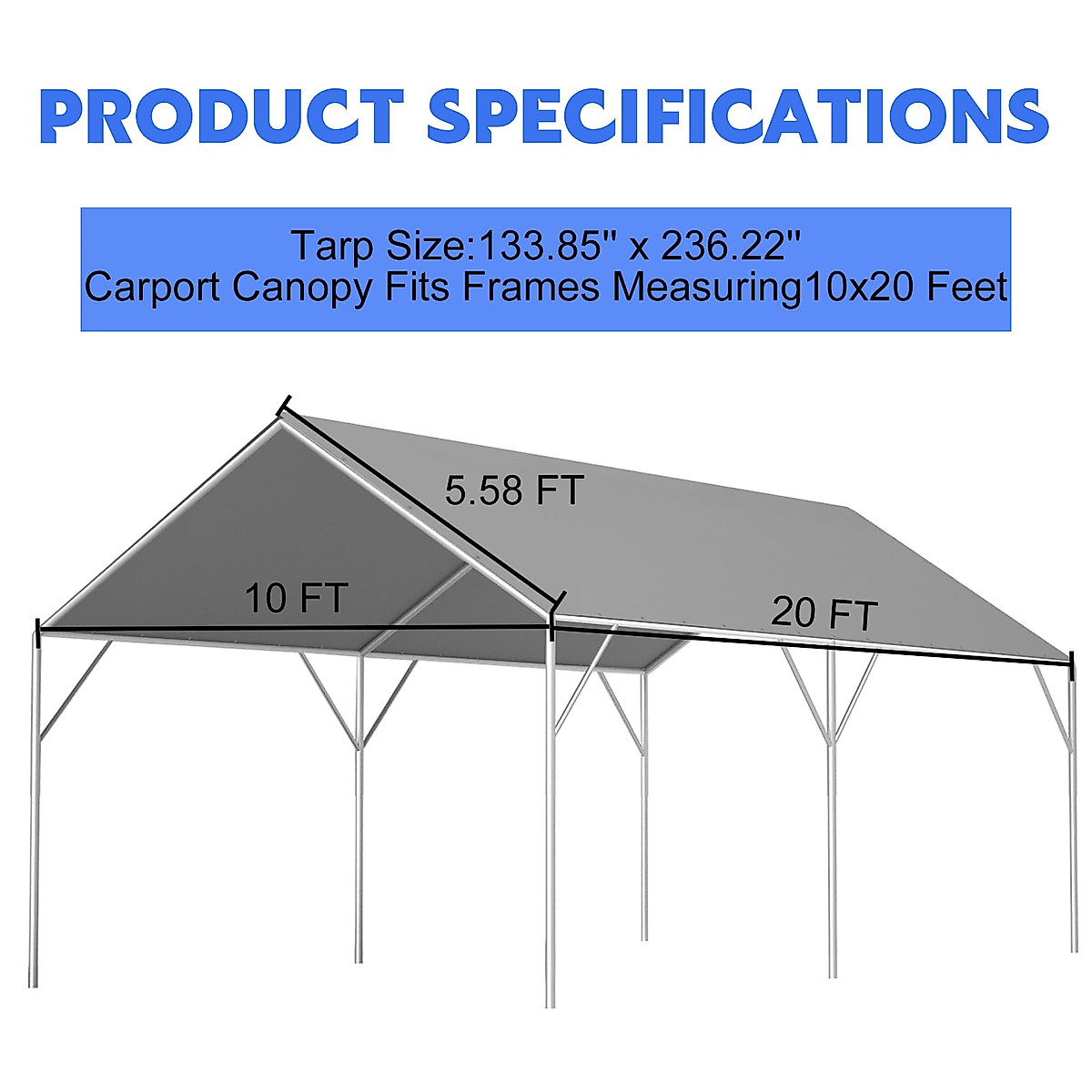 Canopy Replacement Cover for 10' x 20' Carport Frame, 200G Heavy Duty Replacement Top Cover for Car Garage, Waterproof & UV Protected Tarp with 48 Ball Bungees (Only Cover, Frame Not Included), Grey