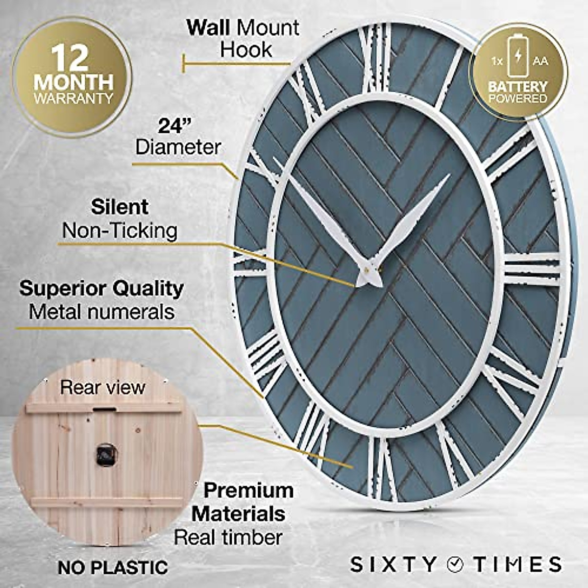Sixty Times Hamptons - - Wall Clock 24 Inch - - Silent - - Metal & Wood - - Rustic Ocean Blue & White
