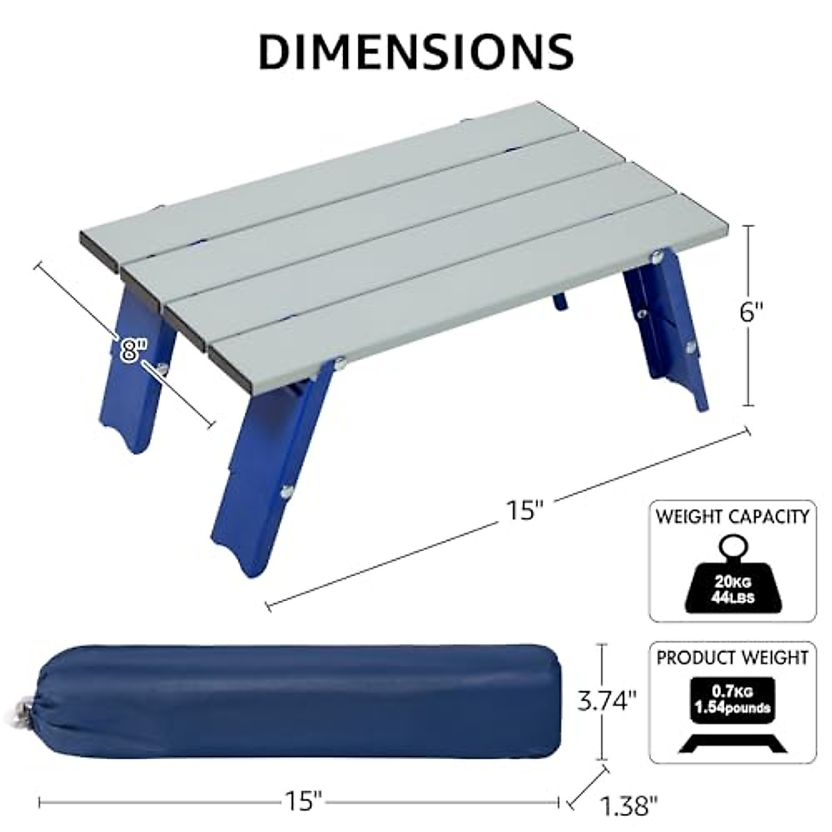 PORTAL Portable Aluminum Table with Retractable Legs and Carry Bag for Outdoor Picnic/Cooking/Camp/Travel/Beach, 15" L x 8" W x 6" H, Silver/Blue