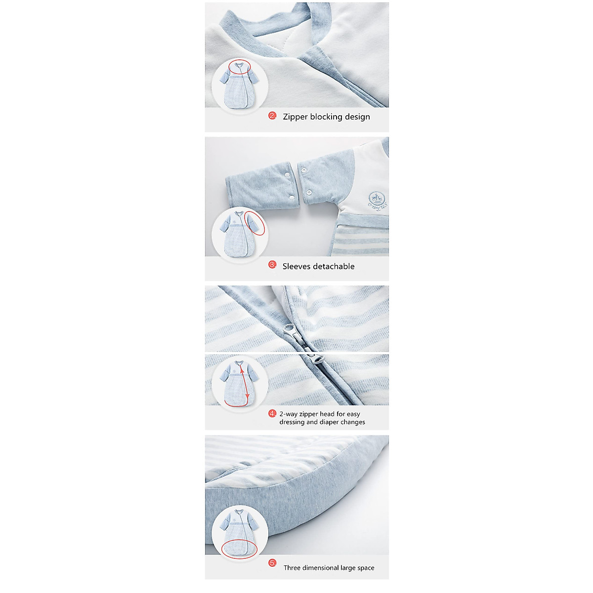 CYUURO Baby Sleeping Bag Sleeves Detachable Kids Wearable Blanket Toddlers Thick Cold Weather，Blue 60-68℉