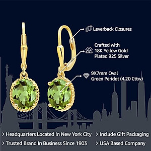 Gem Stone King 18K Yellow Gold Plated Silver Green Peridot Leverback Dangle Earrings For Women (4.20 Cttw, Gemstone August Birthstone, Oval 9X7MM)