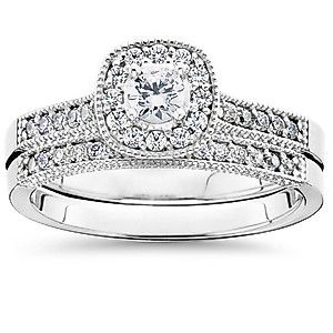 P3 POMPEII3 5/8Ct Diamond Bridal Vintage Engagement Ring Set 10K White Gold - Size 4.5