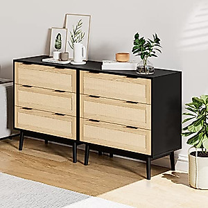 3 Drawer Dresser for Bedroom, Chests of Drawers, Black Dresser Organizer for Closet, Modern Dresser and Nightstand Sets, Rattan Storage Drawer, Living Room, Hallway, Entryway (Wood)