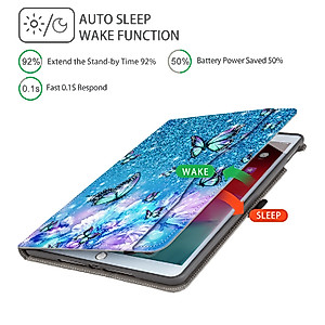 Case for iPad 9th/8th/7th Generation 10.2 Inch 2021/2020/2019 with Pencil Holder for Women Girls Adjust Angle View Case with Pocket/Hand Strap/Auto Wake/Sleep, Flowers Butterfly