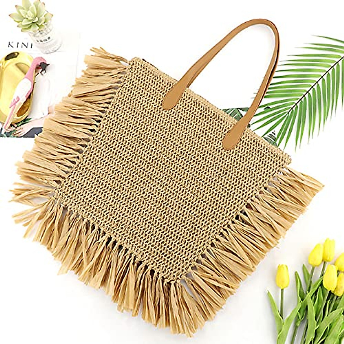 Women Large Fringe Straw Woven Shoulder Bag Summer Beach Top-Handle Bag Travel Tote