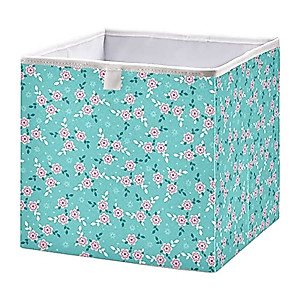 Kigai Cute Pink Flowers and Leaves Fabric Storage Bin 11" x 11" x 11" Cube Baskets Collapsible Store Basket Bins for Home Closet Bedroom Drawers Organizers