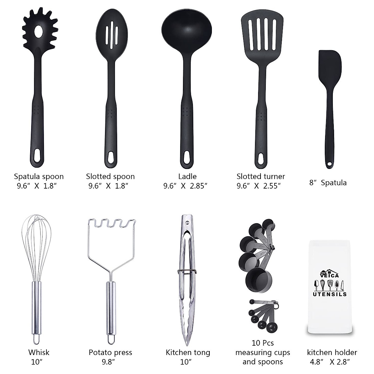 Kitchen Utensil Set-19 Pieces Cooking Utensils-Nylon Kitchen Utensils - Nonstick Cookware With Silicone Spatula Stainless steel Kitchen Tools Kitchen Gadgets Black