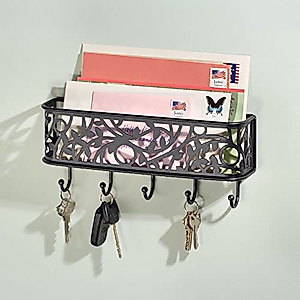 mDesign Wall Mount Metal Entryway Storage Organizer Mail Sorter Basket with 5 Hooks - Letter, Magazine, Coat, Leash and Key Holder for Entryway, Mudroom, Hallway, Kitchen, Office - Matte Black