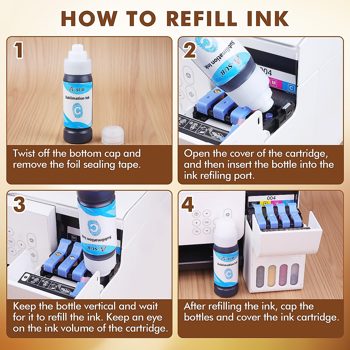 A-SUB Sublimation Ink Refill for ET-2800 ET-2803 ET-2850 ET-2400 ET-2720 ET-2760 ET-4800 ET-4700 ET-4760 ET-15000 Heat Transfer on Mug, Tumbler, T-Shirt