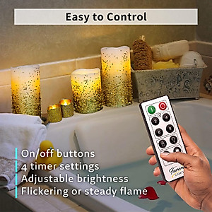 FURORA LIGHTING Gold Glitter Real Wax Candles with Remote and Timer, 4 Pillars and 4 Votives Pack of 8, LED Flameless Flickering Candles for Home Décor, Battery Included