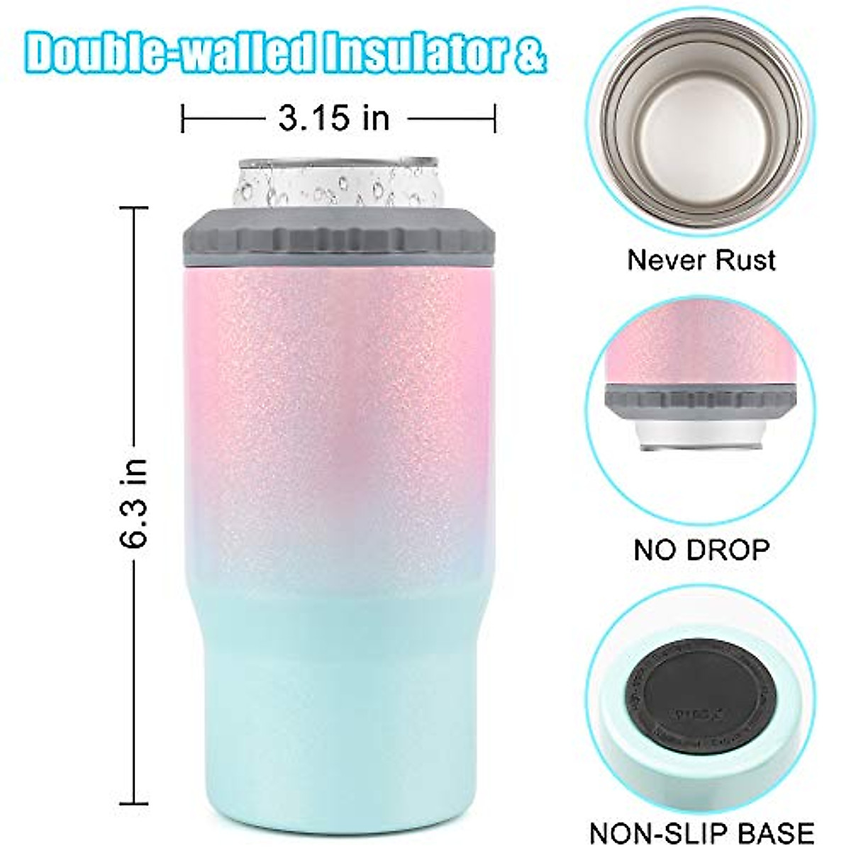 4 in 1 Can Cooler Water Bottle, 12oz Stainless Steel Beer Bottle with Straw Fits Slim Skinny Bottle & Can, Non-Slip | Pink
