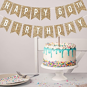 Pre-Strung Happy 60th Birthday Banner - NO DIY - Gold Glitter 60th Birthday Party Banner For Men & Women - Pre-Strung Garland on 6 ft Strands - Gold Birthday Party Decorations & Decor. Did we mention