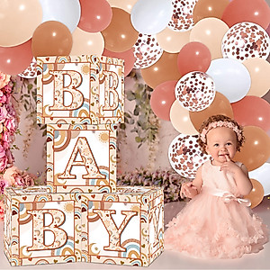 Boho Rainbow Baby Shower Balloons Boxes Party Decorations 4pcs Blocks Baby Shower Decoration for Baby Girl Birthday Party Backdrop Boho Rainbow Party Decorations