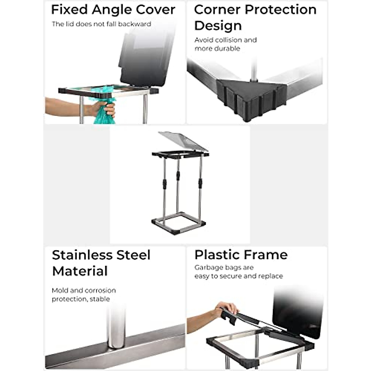 yamagahome Metal Trash Bag Holder, 16-28 Inch Height Adjustable Garbage Bag Holder with Lid, Clamp Ring and Corner Protection, Collapsible Outdoor Waste Bins, Trash Bag Stand for RV and Camping, Black