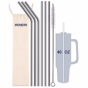 Stanley Straw Replacement 40 oz 30 oz, 6 Pcs Metal Straws Reusable, Reusable Straws Dishwasher Safe with Straw Cleaner(Silver 12 inches)