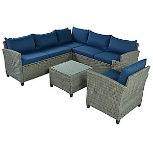 5 Piece Patio Furniture Outdoor Conversation Set Resin Wicker Cushioned Sectional Sofa with Coffee Table and Single Chair Blue Modern Contemporary Rattan Removable Cushions