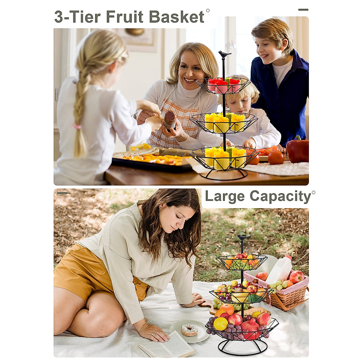 Homlab Fruit Basket for Kitchen-Countertop Detachable Vegetables-Storage 3-Tier Fruit Bowl for Counter Fruit Holder Metal Banana Holder Organizer with Banana Hanger & Reusable Storage Bag(Black)