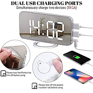 WulaWindy Digital Alarm Clock, Large Mirrored LED Display, with USB Charger, Snooze Function Dim Mode Wall Hanging Beside Desk Clock for Bedroom (White)